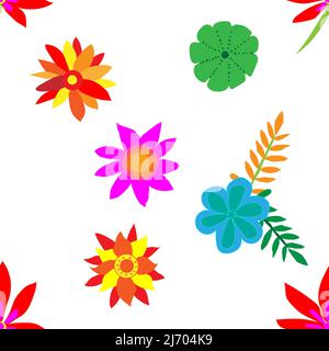 Hand drawn flowers and ferns on a pink background. Seamless repeating ...