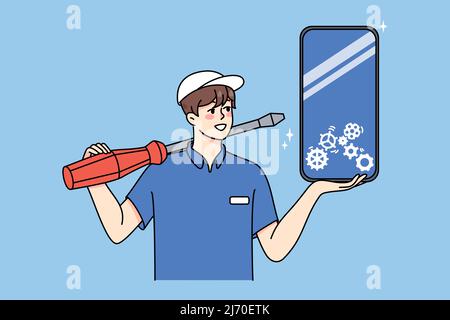 Smartphone repair. Cute mobile phone character with broken screen, low ...