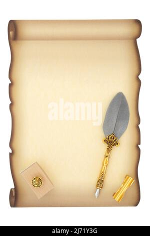Vintage manuscript quill on grey background Stock Photo - Alamy