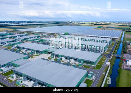 Drone aerial view of new Microsoft datacenters . The huge buildings are ...