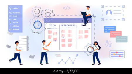 Scrum task board Agile organizer with people sticking papers on it Analyzing process of software ...