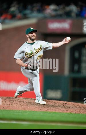 Oakland Athletics' Sam Moll during a baseball game against the New York ...