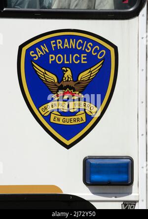 A San Francisco Police Department shield with the department's motto on ...