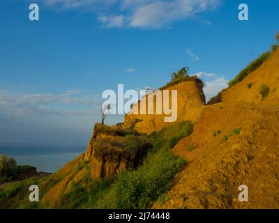 Steep cliff, seashore landscape. Cliff of clay and sea beach. Beautiful ...