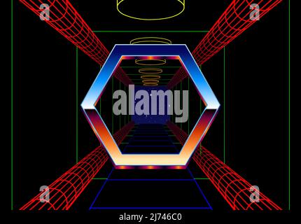 Synthwave frame with chrome hexagon and 80s styled synthwave arcade ...