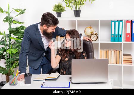 Full of flirt. Flirty woman touch man by beard. Businesswoman flirting ...