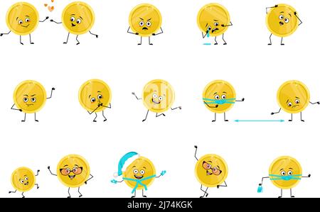 Cute golden coin character with angry emotions, grumpy face, furious ...