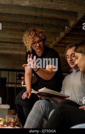 Amazing and beautiful business people are discussing about the company ...