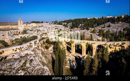Gravina in Puglia with its famous aqueduct in Italy - aerial view Stock ...