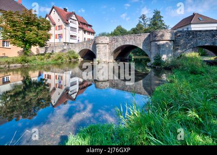 River Streu, stone bridge, The Bridge Gate House, house facade, autumn ...
