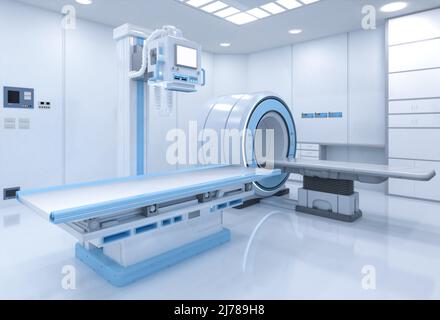 Hospital radiology room with 3d rendering mri scanner and x-ray machine ...