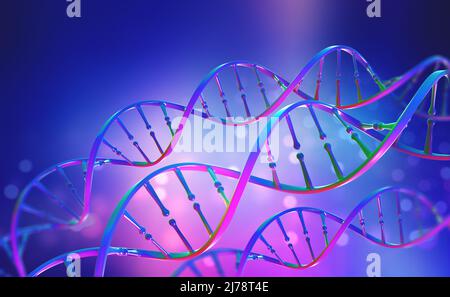 DNA genome research. Bright neon light. DNA molecule structure. 3D ...