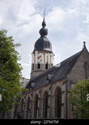 Temse, Belgium, May 1, 2020, Clock tower of the town hall on the market ...