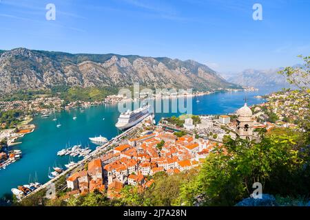 Aerial View of Bay of Kotor with Cruise Ship and Old Town Montenegro ...