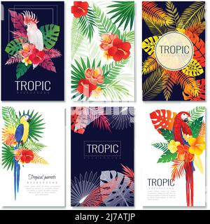 Tropical parrots cards set of six vertical posters with leaves birds ...