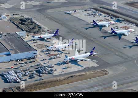 FedEx Cargo airline ramp at Anchorage Airport, a hub for aircraft cargo ...