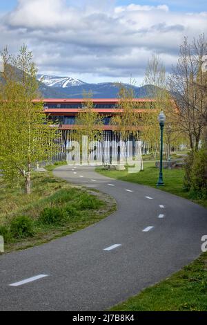 Bike and walking path leads to the Cedar Street Bridge in Sandpoint ...