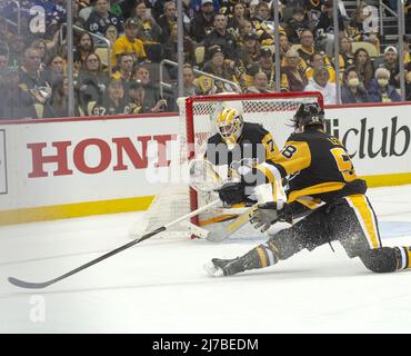 New York Rangers goaltender Louis Domingue looks down ice during a ...