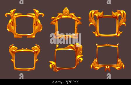 Ui game frames, gold textured round, square and hexagon borders with ornate rims and decor ...