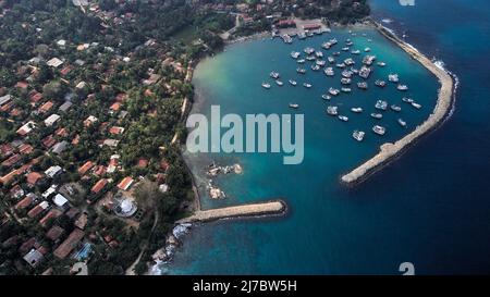 Aerial view of Nilwella fishery harbor on the Sri Lankan coast of ...