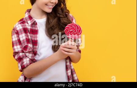 teen dental care. sweet tooth. yummy. happy girl hold lollipop ...
