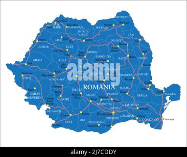 Highly detailed vector map of Romania with administrative regions, main ...