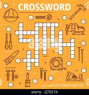 DIY repair tools, crossword grid to find word, vector quiz game riddle ...