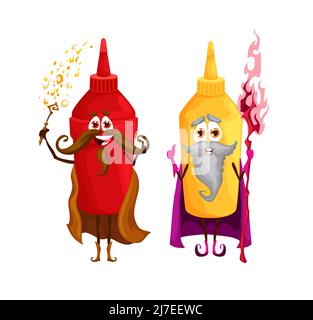 Cartoon funny fast food mage and wizard characters, vector banners ...