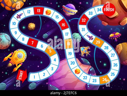 Kids board game cartoon spacecraft, ufo and starship in galaxy space ...