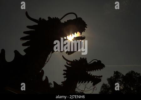 Silhouette of twin dragons at Pulo Kemaro (Kemaro island) temple ...