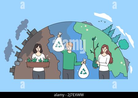 People volunteers plant tree. Environment care, ecological issues ...