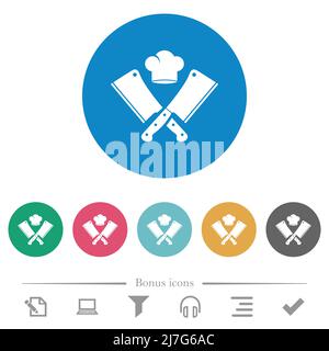 Two crossed meat cleavers and chef hat flat icons on simple color ...