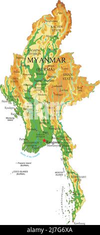 Highly detailed Myanmar physical map with labeling Stock Vector Image ...