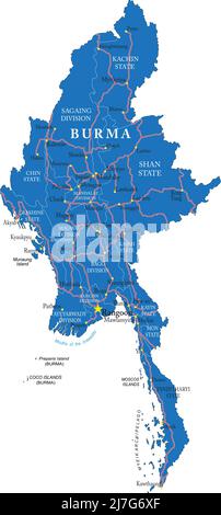 Myanmar (Burma) highly detailed vector map with administrative regions ...