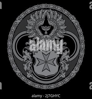 Knightly design. Knight Templar in armor with a spear, shield, flag and ...