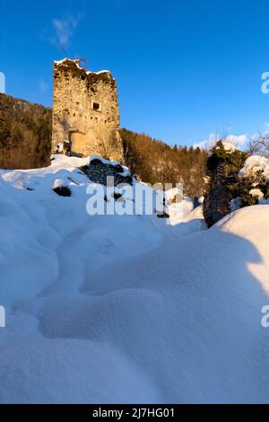 The medieval ruins of the Castellalto keep. Telve, Trento province, Trentino Alto-Adige, Italy ...