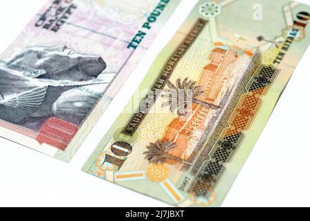 The reverse sides of an old Saudi Arabia 10 ten riyals banknote with 10 ...