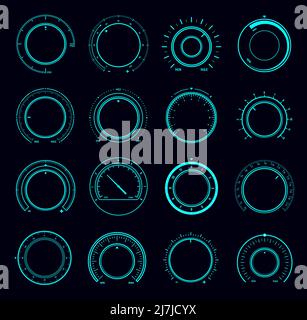 HUD dial interface, volume round knob switches, music sound control regulators, vector. Neon ...