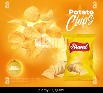 Realistic potato chips poster. 3D snacks advertising banner. Flying ...
