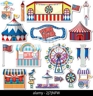 Sticker set of amusement park objects and cartoon characters ...