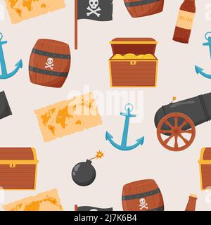 Bundle pirate seamless pattern. Bundle pirate, treasure map, rum, ship ...