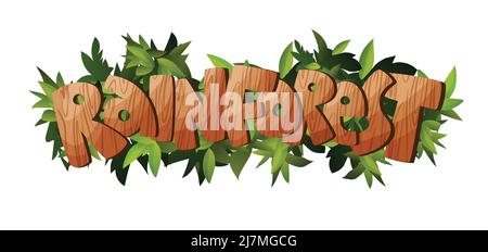 Rainforest hand lettering wooden text. Textured cartoon letters. Vector ...