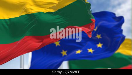 Detail of the national flag of Lithuania waving in the wind with ...