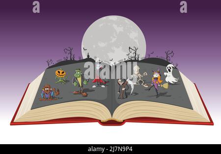 Witch and pumpkin on book open vector illustration graphic design Stock ...