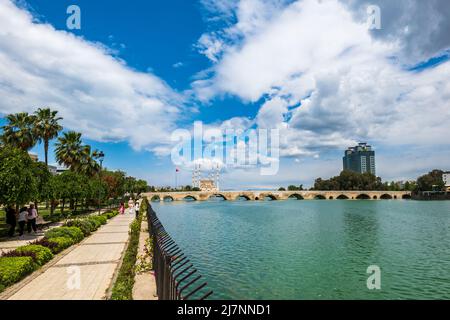 Stone bridge (Taşköprü in Turkish) and the main mosque in Adana, Turkey ...