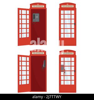 Red telephone booth with open door, color vector isolated cartoon-style ...