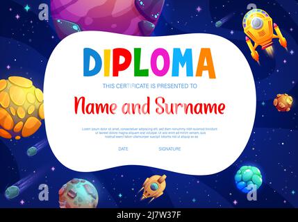 Kids diploma with cartoon galaxy and space rockets, UFO starcraft and ...