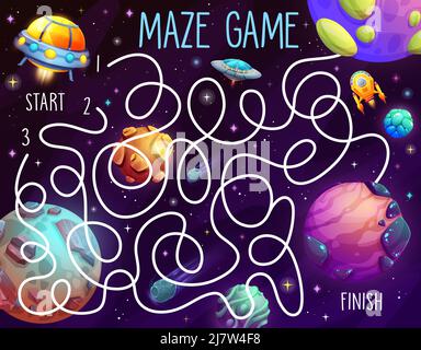 Galaxy space labyrinth maze with planets and astronauts. Kids board ...