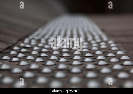 Circular rivets in wood deck Stock Photo - Alamy