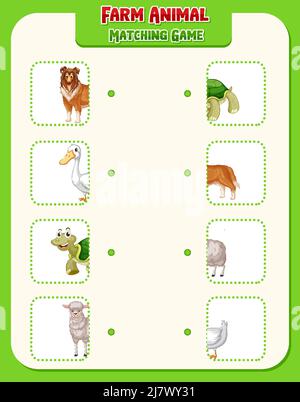 Farm matching activity with cute animals and food. Country puzzle with ...